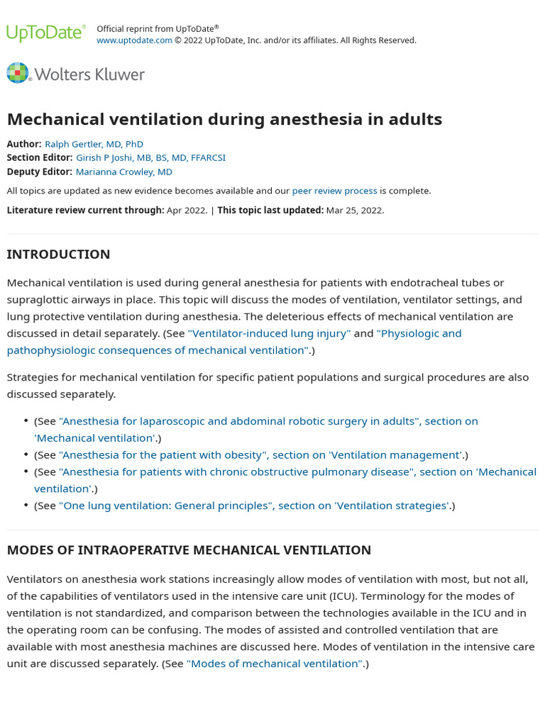 Mechanical Ventilation During Anesthesia in Adults - UptoDate 2022 | PDF | Lung | Exhalation