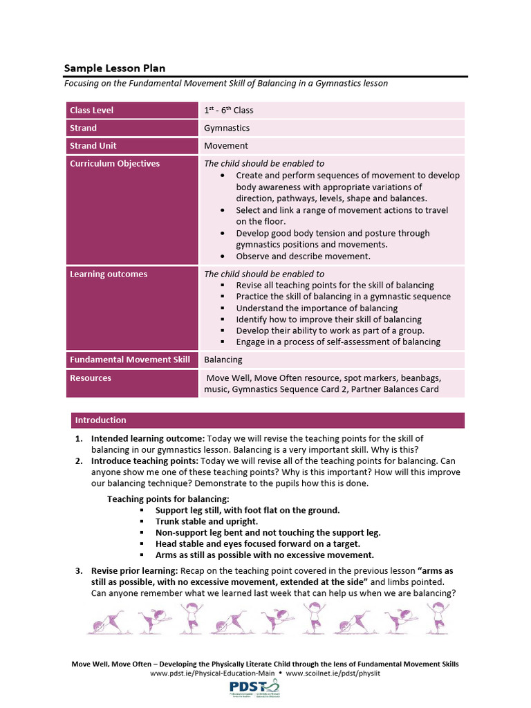 Sample Lesson Plan - Gymnastics Lesson 2 - Balancing - 0 | PDF