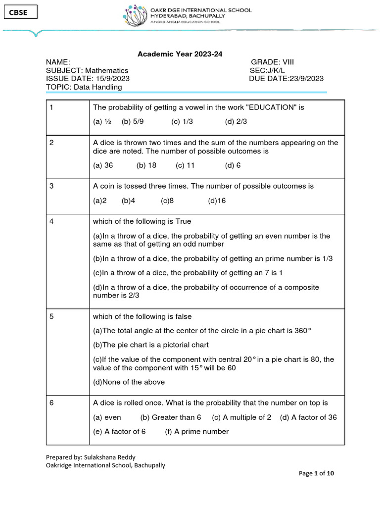 G8 Data Handling 2023 24 Wks | PDF | Probability | Odds