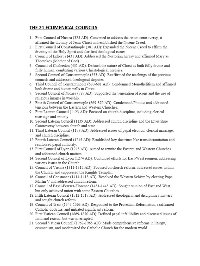 Overview of 21 Ecumenical Councils | PDF | Christology | Catholic Church