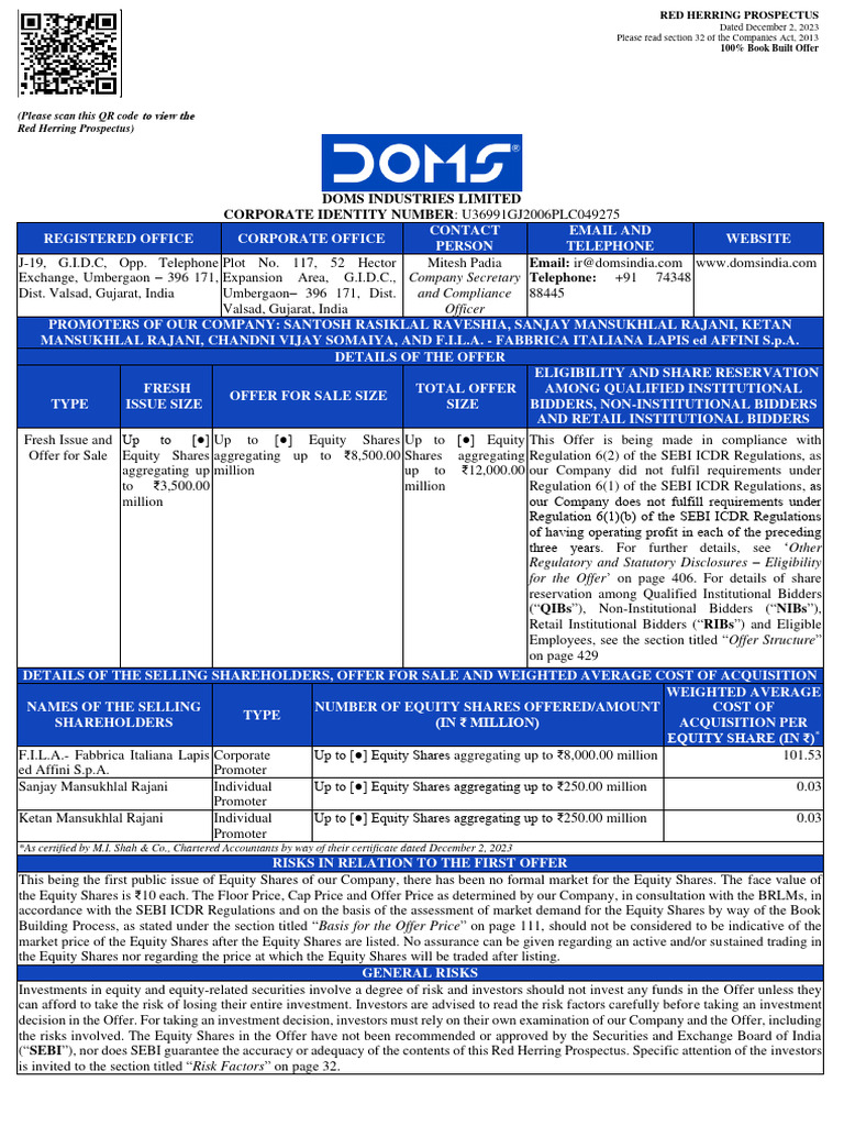 DOMS Industries LTD - RHP | PDF | Stocks | Investing