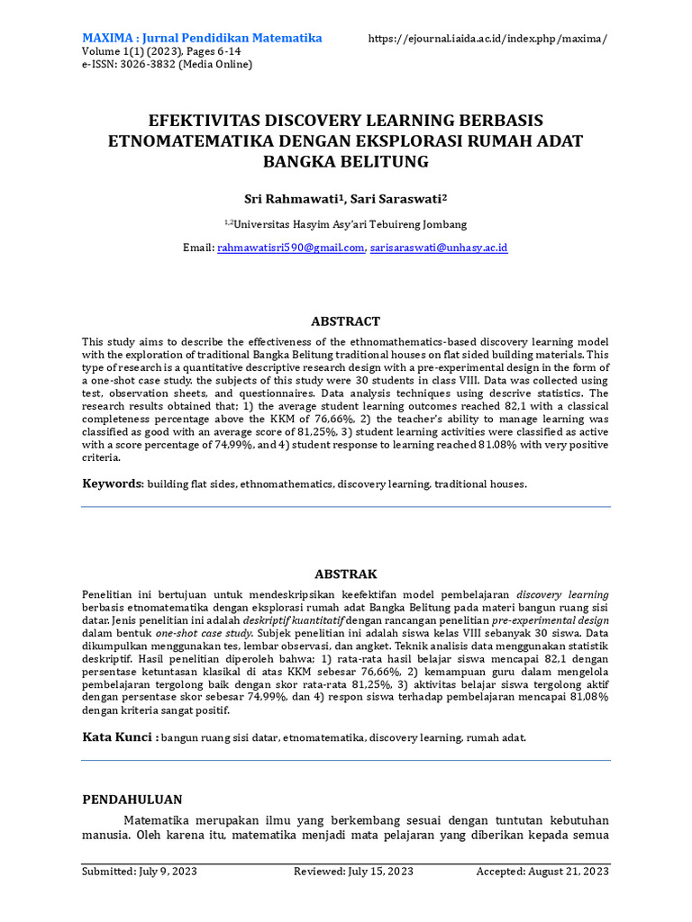 Efektivitas Discovery Learning Berbasis Etnomatematika Dengan Eksplorasi Rumah Adat Bangka ...