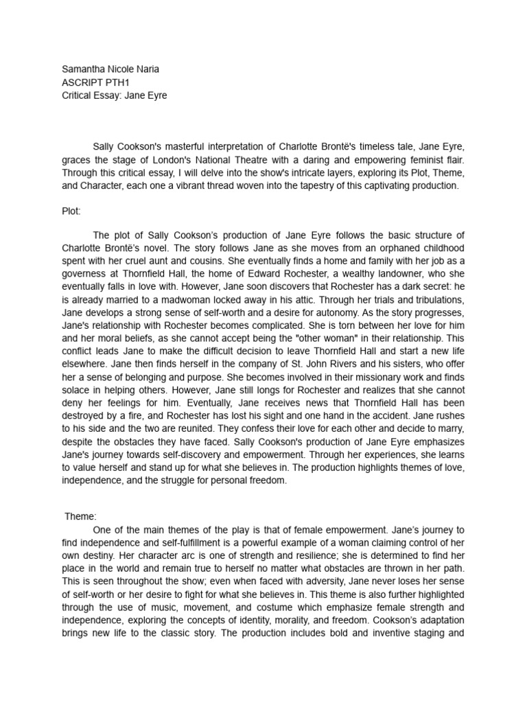 Samantha Nicole Naria - ASCRIPT PTH1 - Critical Essay - Jane Eyre | PDF ...