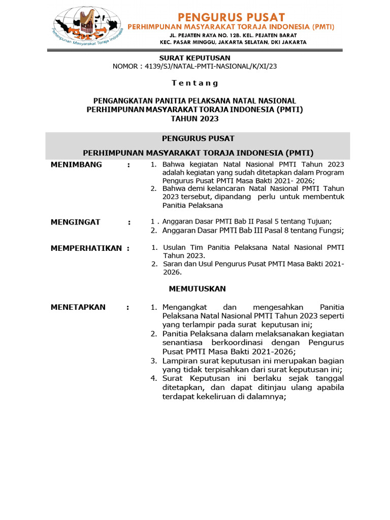 SK Panitia Natal PMTI 2023 | PDF