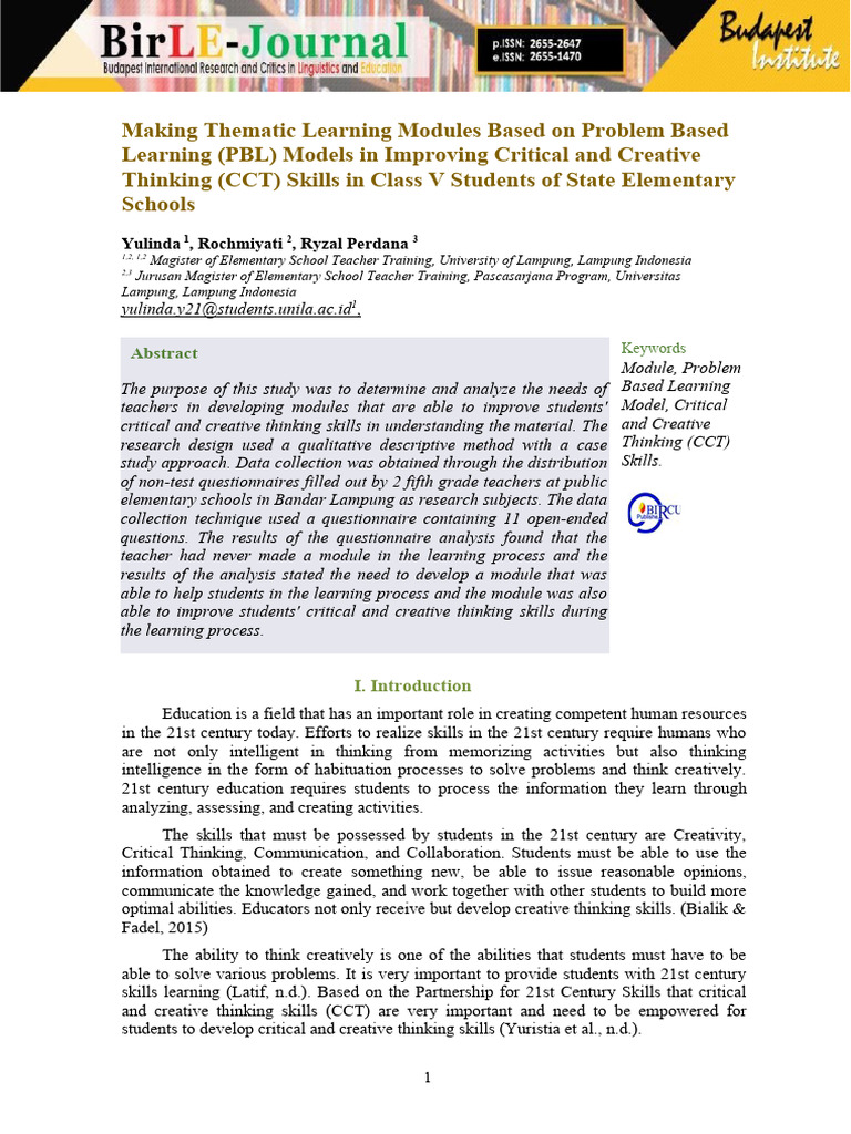 Making Thematic Learning Modules Based On Problem Based Learning (PBL) Models in Improving ...