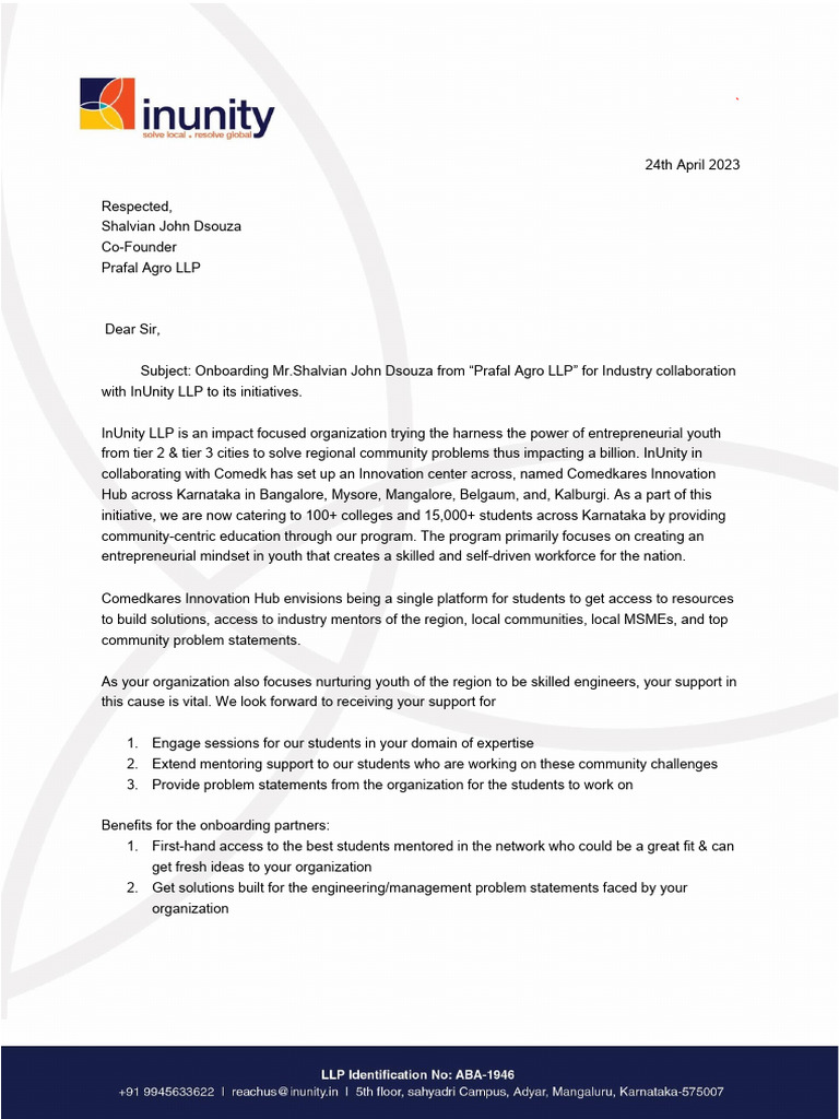 Prafal Agro - InUnity - Collaboration Letter | PDF | Economies | Cognition