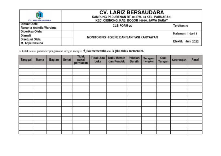 CLB-Form-20-Formulir Monitoring Higiene dan Sanitasi Karyawan | PDF