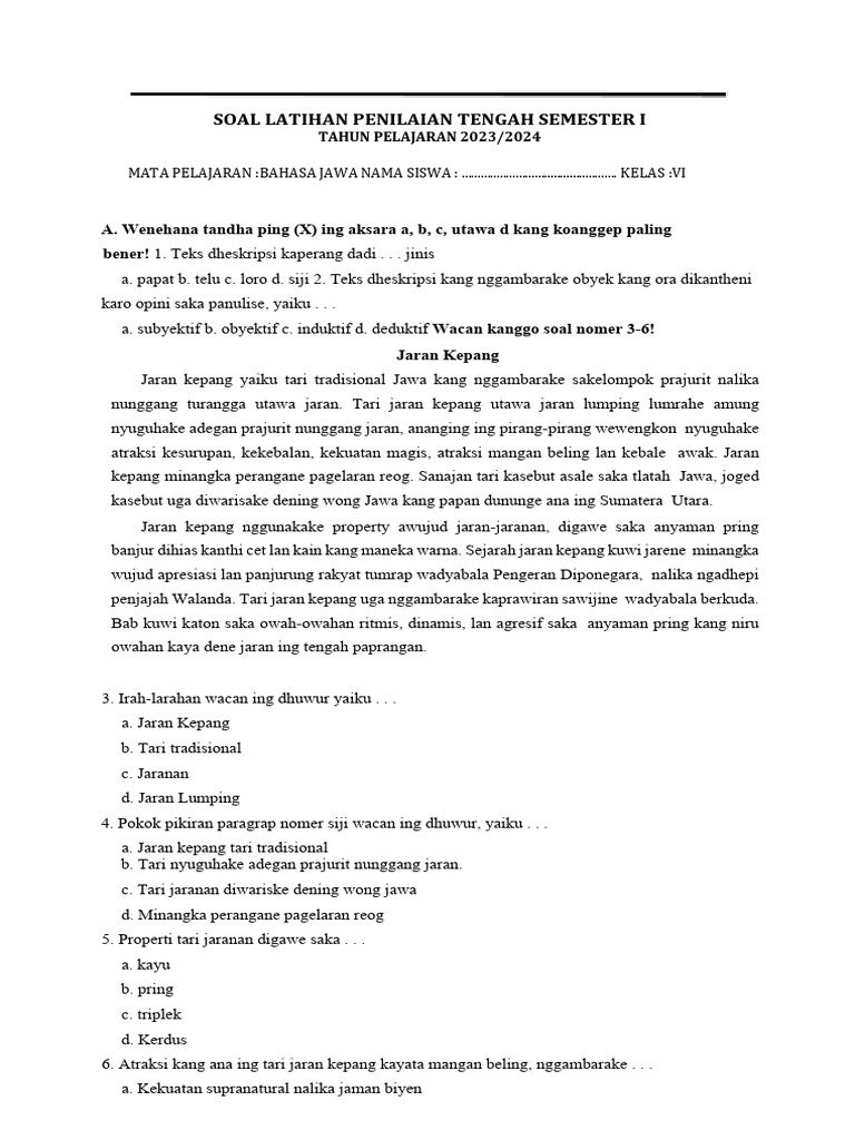 Soal PTS Bahasa Jawa Kelas 6 Semester 1 Tahun 2023-2024 | PDF | Puisi