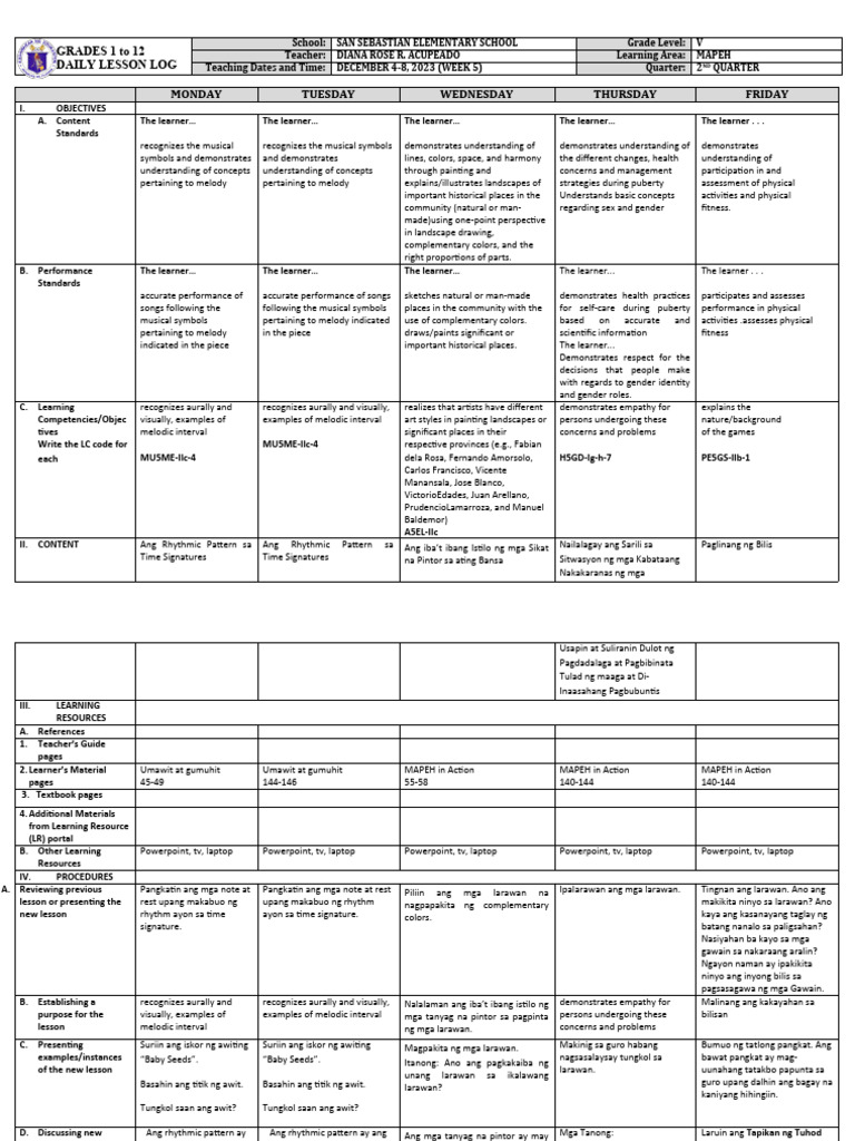 DLL_MAPEH 5_Q2_W5 | PDF | Learning | Cognition
