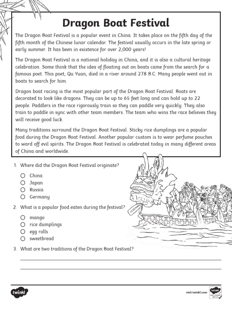 Black and White Fifth Grade Dragon Boat Festival Reading Comprehension ...
