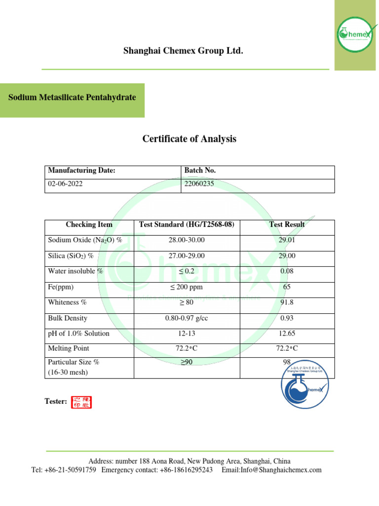 COA of Sodium Metasilicate.5 | PDF