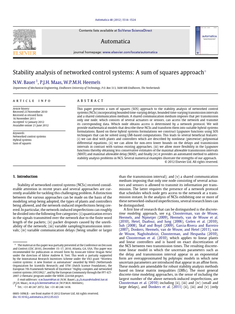 N.W. Bauer, P.J.H. Maas, W.P.M.H. Heemels 2012 Stability Analysis of Networked Control Systems ...