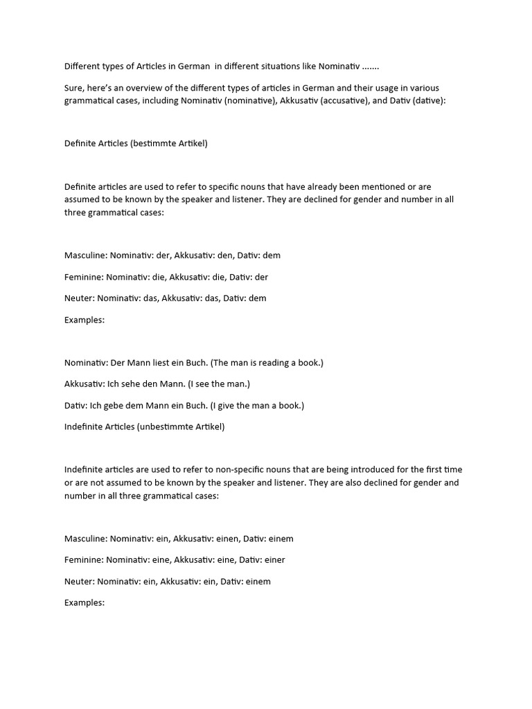 German Articles: Types and Usage | PDF