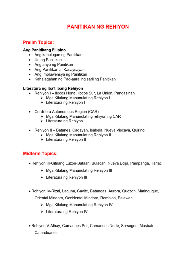 Panitikan NG Rehiyon: Prelim Topics | PDF