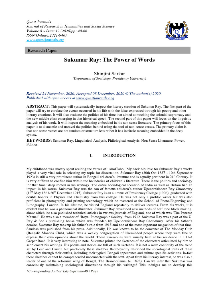 Sukumar Ray: The Power of Words: Shinjini Sarkar | PDF | Syntax | Phrase