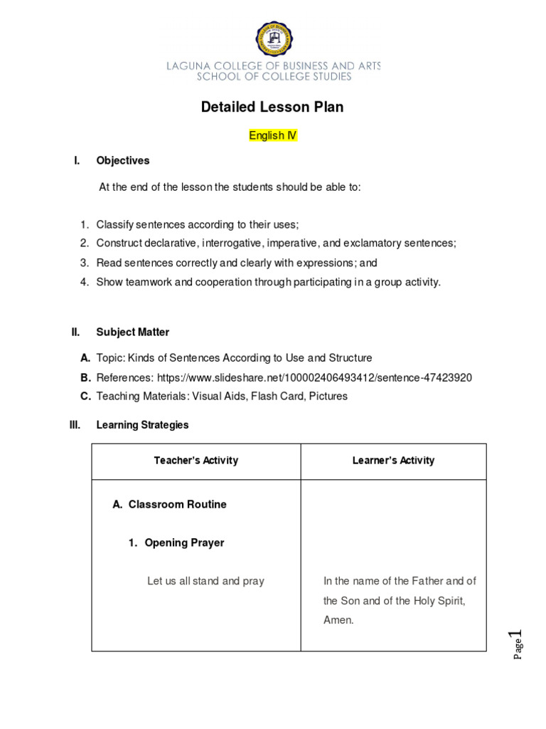 Lesson Plan: Types of Sentences | PDF | Question | Sentence (Linguistics)
