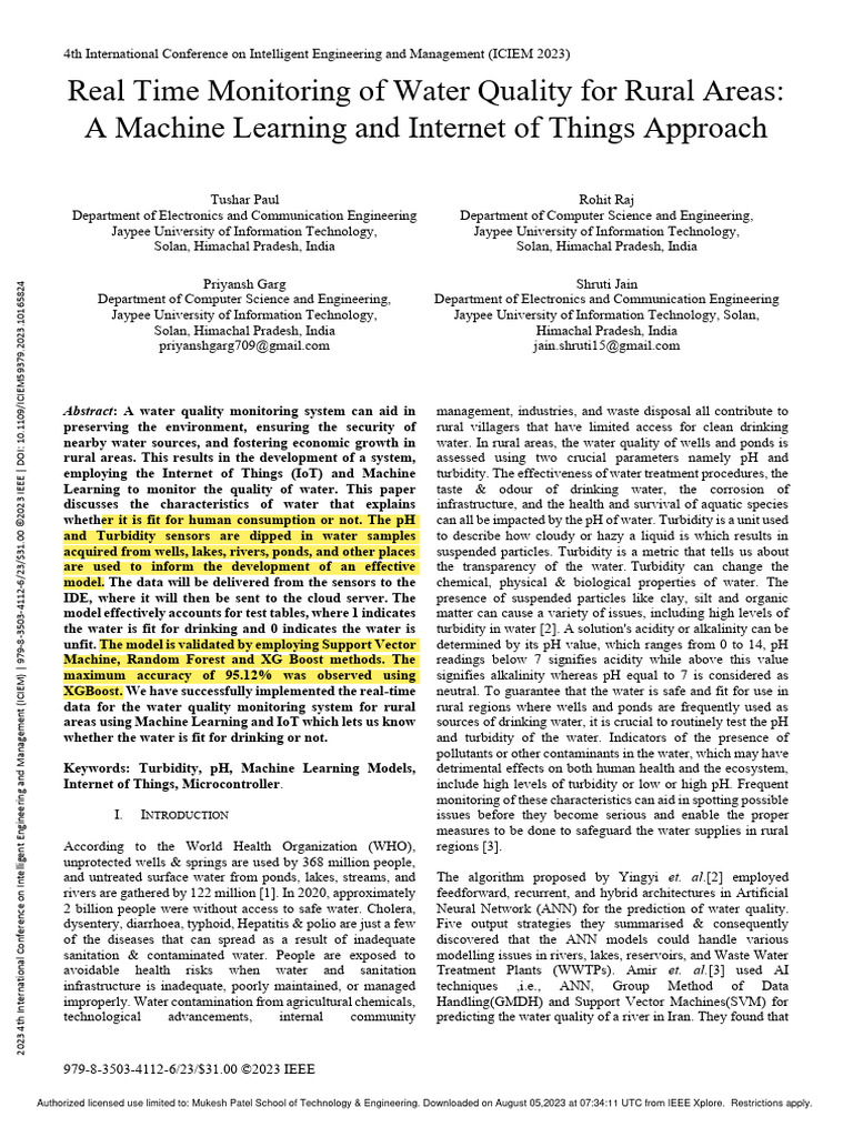 Real Time Monitoring Of Water Quality For Rural Areas A Machine Learning And Internet Of Things
