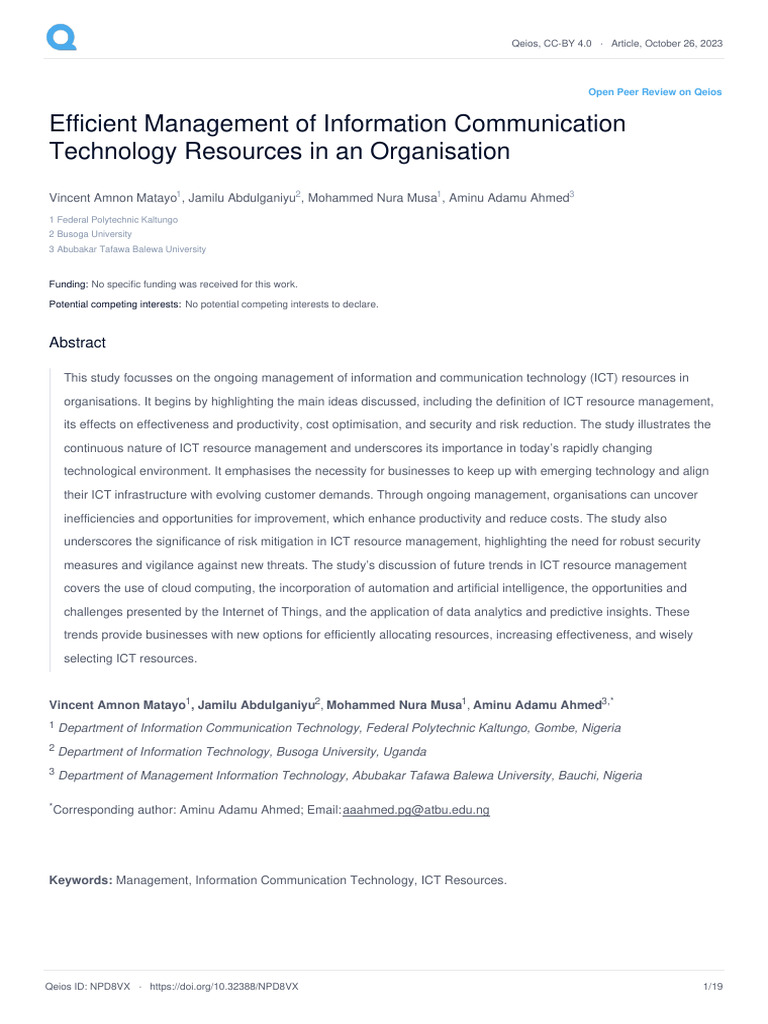 Efficient Management of Information Communication Technology Resources in An Organisation ...