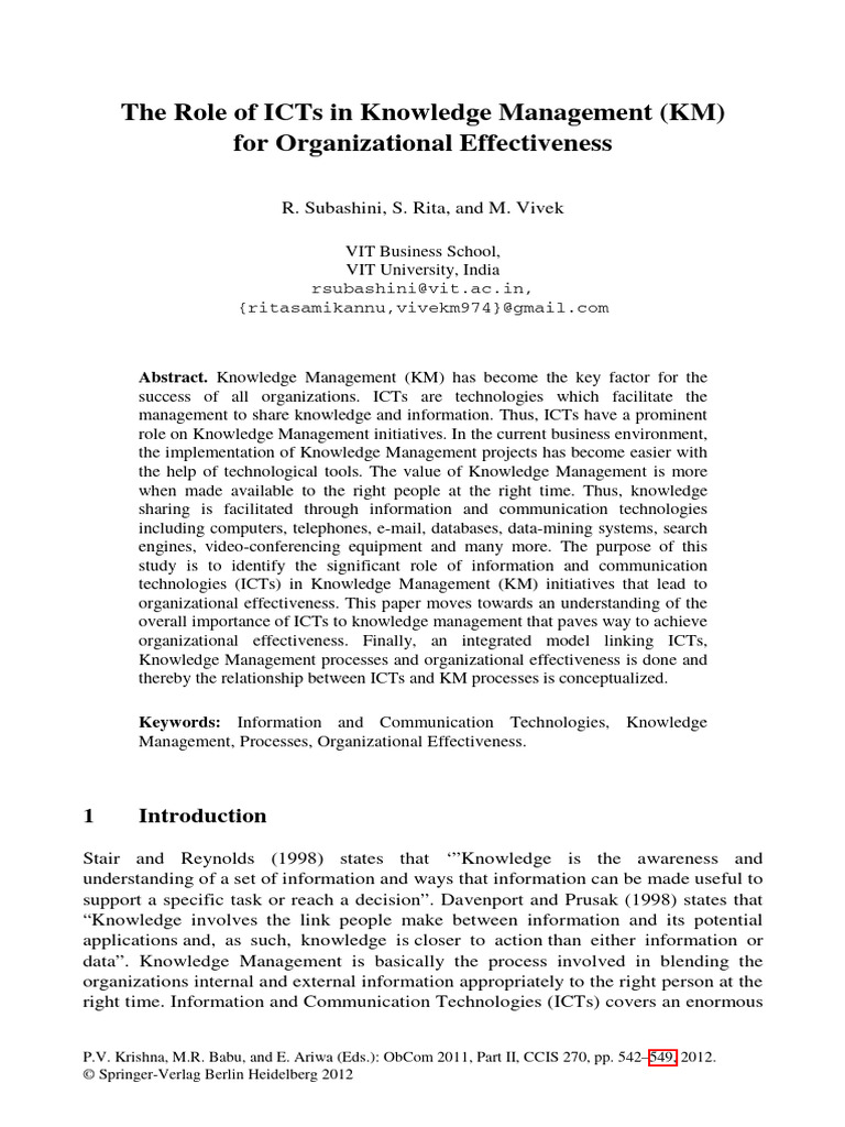 The Role of Icts in Knowledge Management (KM) For Organizational Effectiveness | PDF | Knowledge ...