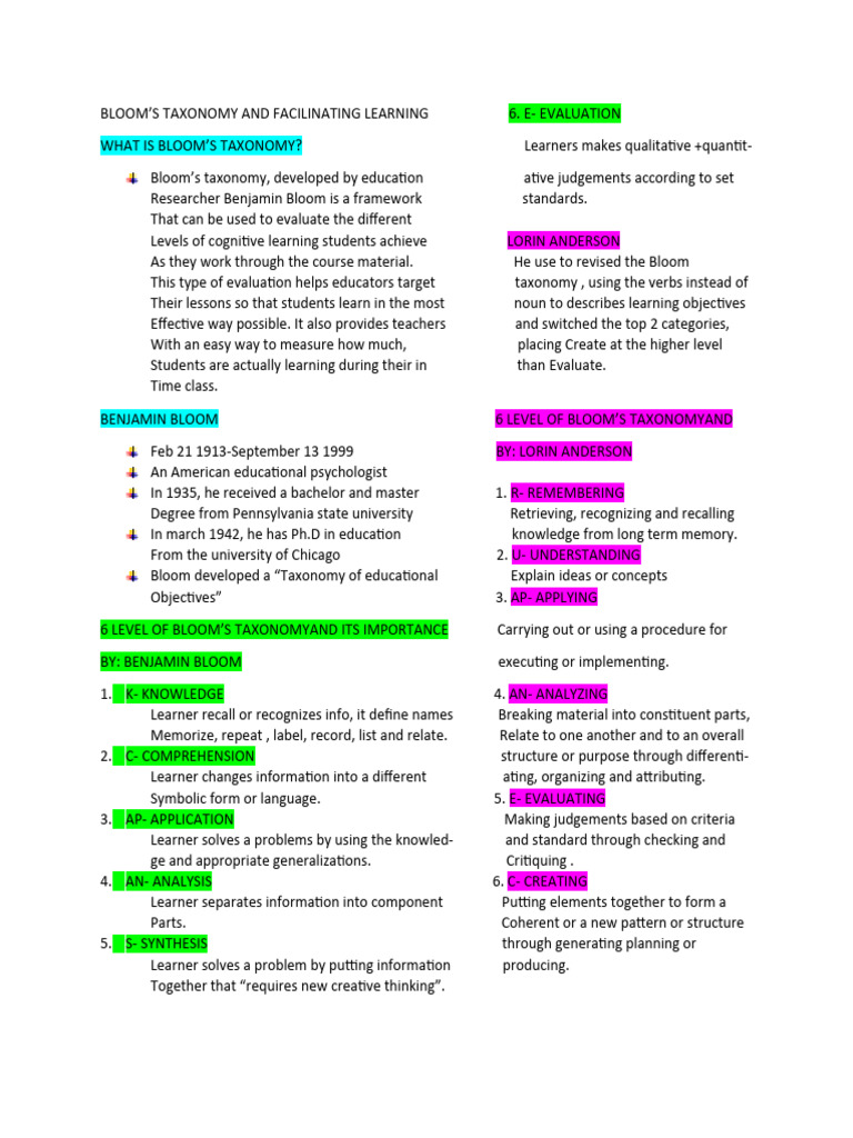 Bloom's Taxonomy and Facilinating Learning 1 | PDF | Learning | Cognition