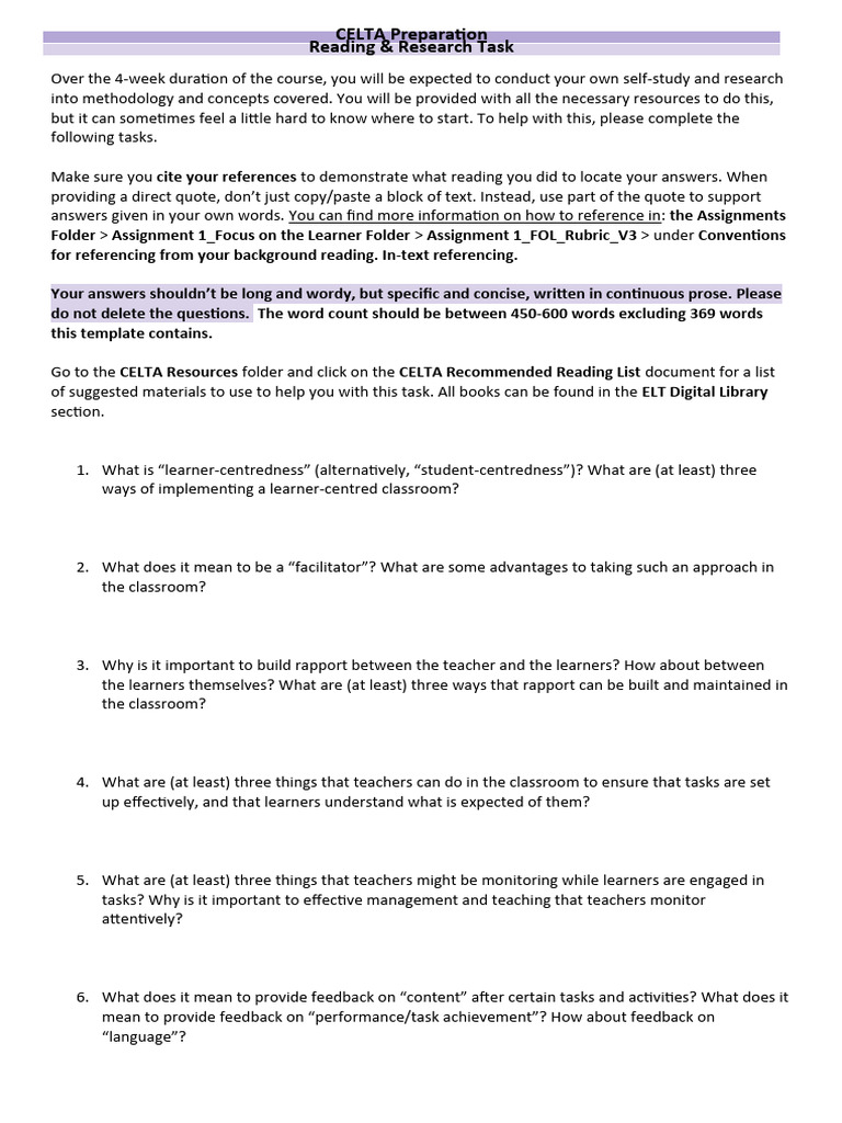 CELTA Reading & Research Preparation Course Task | PDF | Human ...