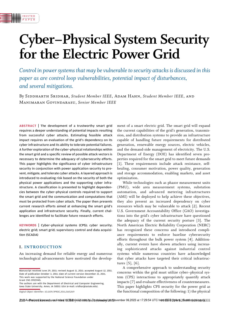 CyberPhysical System Security For The Electric Power Grid | PDF ...