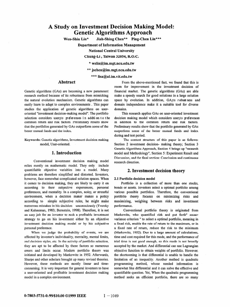 Genetic Algorithm - Investment Decision Making | PDF | Genetic Algorithm | Natural Selection