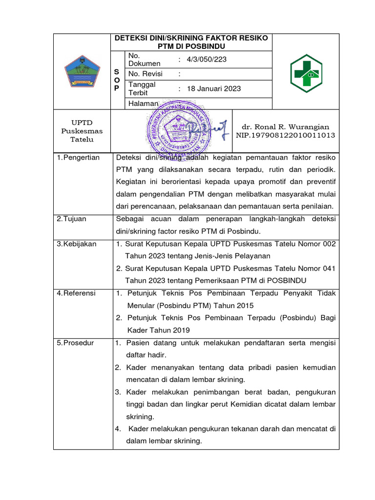 Sop Deteksi Dini Faktor Risiko PTM Posbindu | PDF