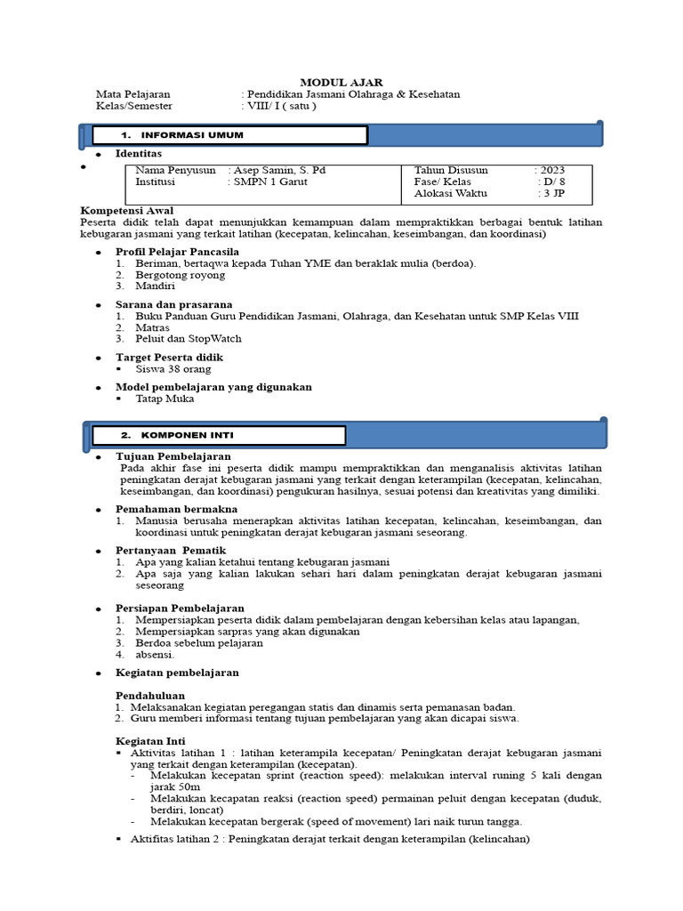 MODUL AJAR PJOK Kebugaran 1 22-23 YOSEP | PDF
