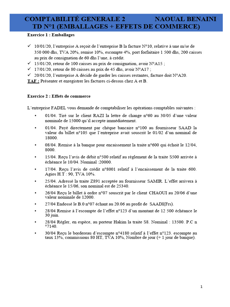 TD N°1-Emballages + Effets de Commerce | PDF | Effet de commerce | Facture