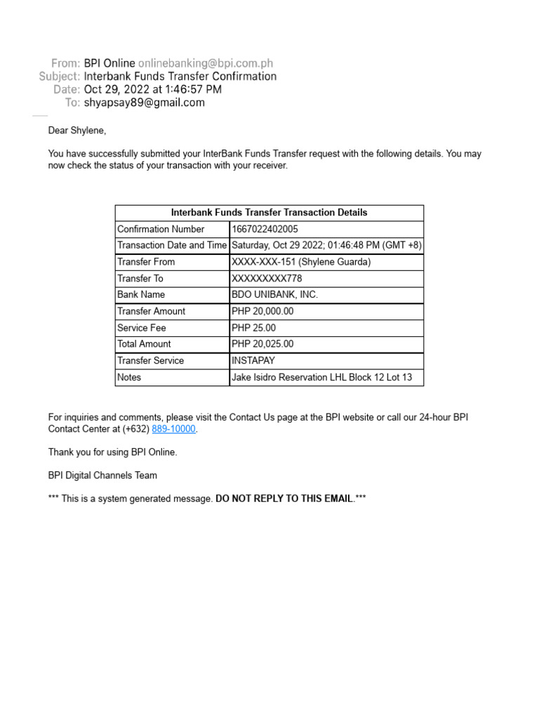 Interbank Funds Transfer Confirmation | PDF