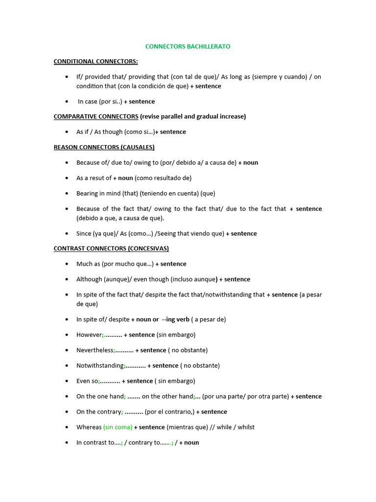 Connectors Summary Bachillerato | PDF | Grammatical Number | Noun
