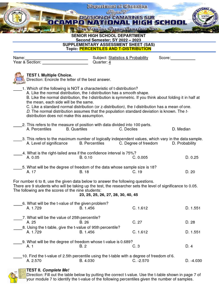 SAS StatProb T-distribution-Percentiles | PDF | Normal Distribution ...