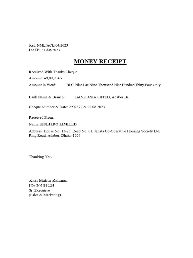Money Receipt | PDF | Business | Finance & Money Management