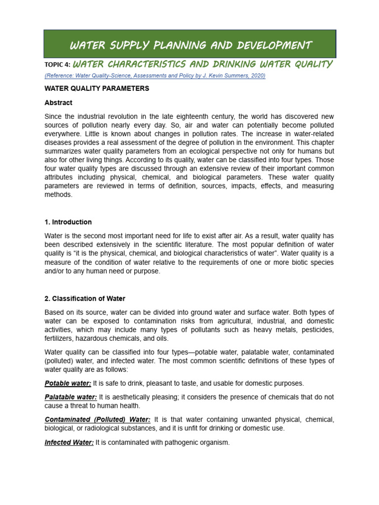 TOPIC 4 Water Characteristics and Drinking Water Quality | PDF ...