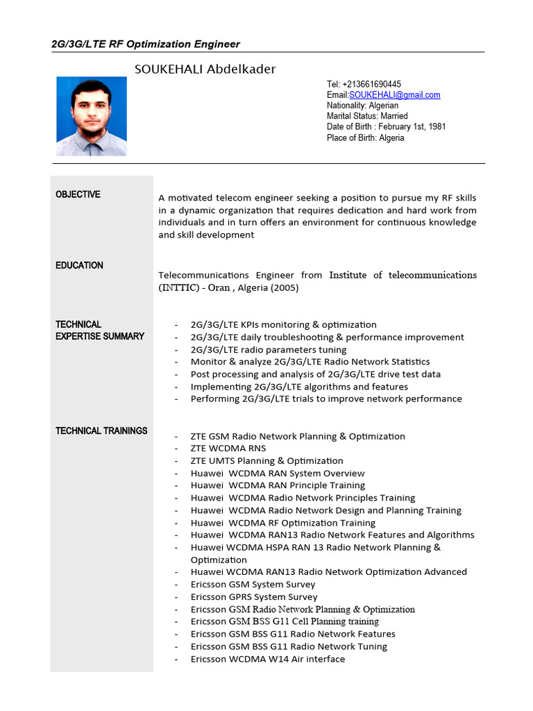 2G 3G LTE RF Optimization Engineer Abdelkader SOUKEHALI CV | PDF | Computers