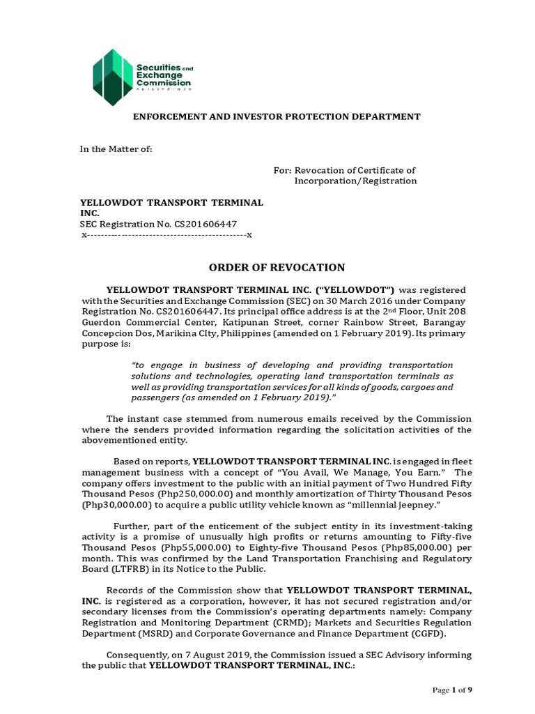 Revocation of Yellowdot Transport's SEC Registration | PDF | Securities ...