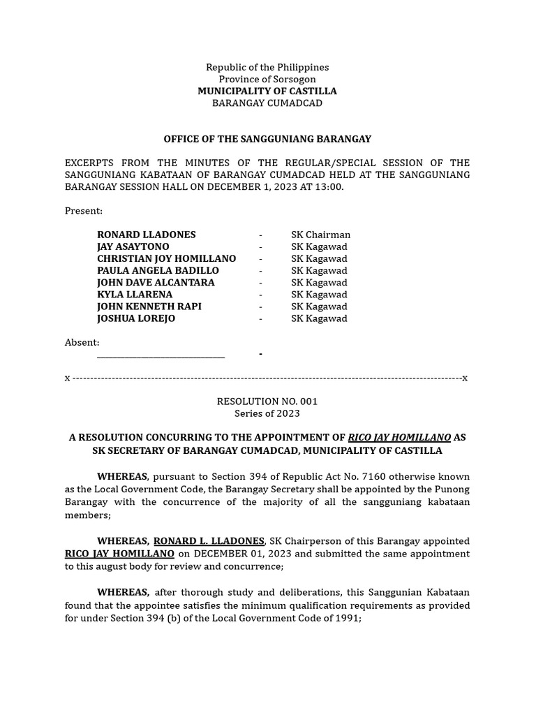 Resolution On The Appointment of Barangay Secretary | PDF | Government ...