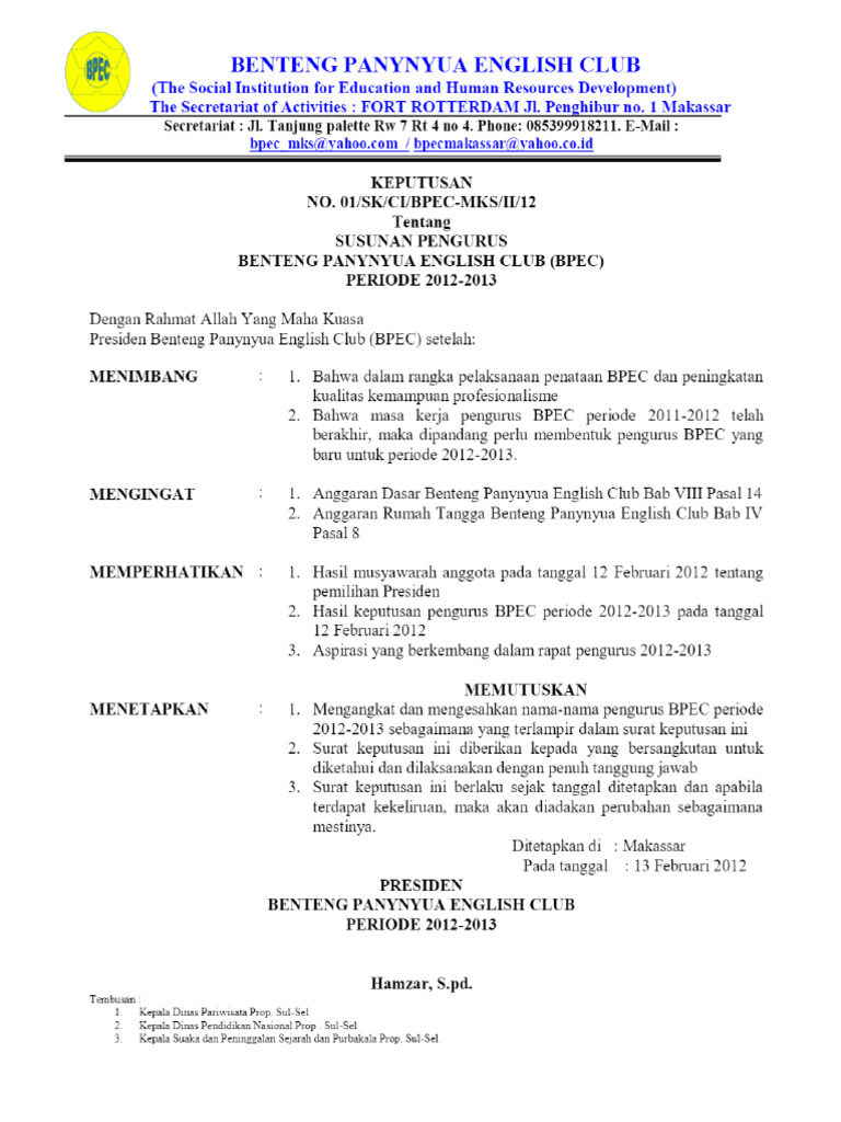 Keputusan No. 01 - SK - Ci - Bpec-Mks - II - 12 Tentang Susunan Pengurus Benteng Panynyua ...