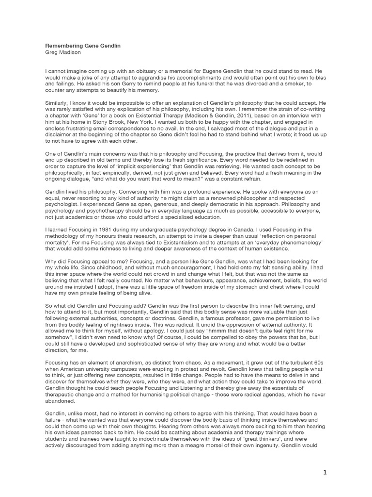 Remembering Gene Gendlin | PDF | Psychology