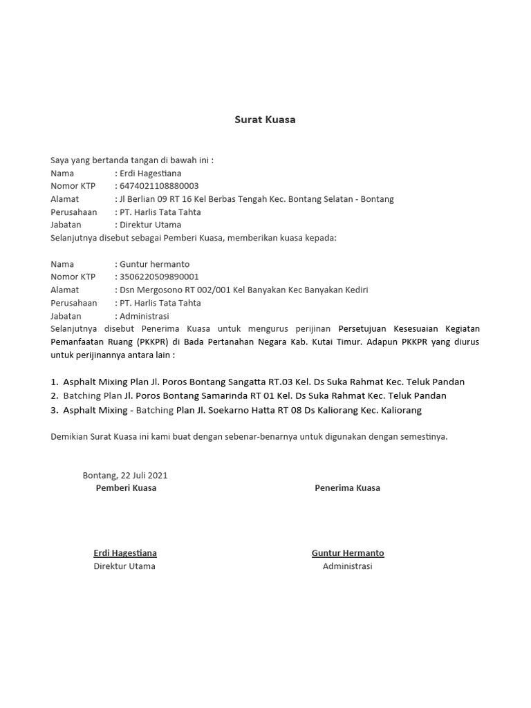 Surat Kuasa Pengurusan PKKPR Bontang | PDF