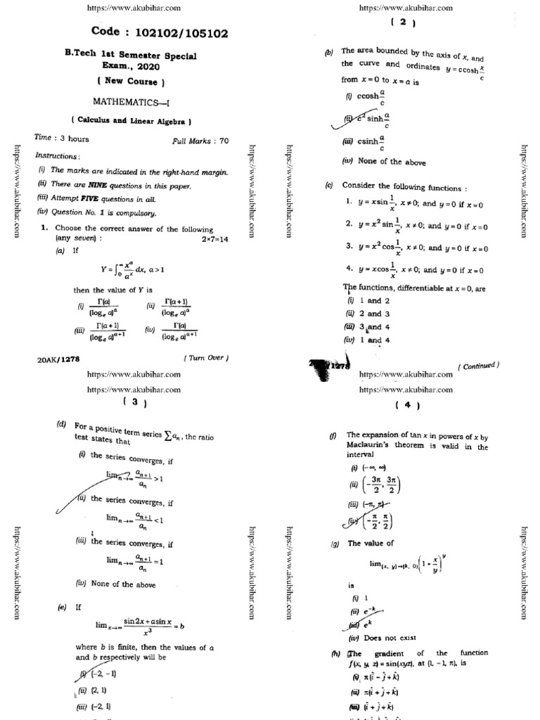 Btech 1 Sem Mathematics Calculus and Linear Algebra 102102 2020 | PDF Btech 1 Sem Mathematics Calculus and Linear Algebra 102102 2020 | PDF
