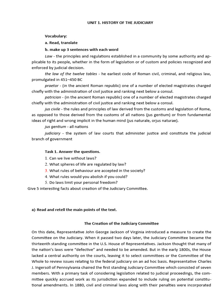Unit 1. History of The Judiciary Vocabulary: A. Read, Translate B. Make ...