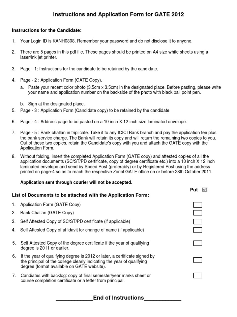 GATE 2012 Application Instructions | PDF