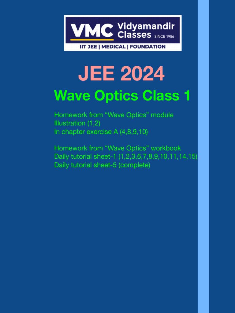 JEE 2024 Wave Optics Homework | PDF | Optics | Waves