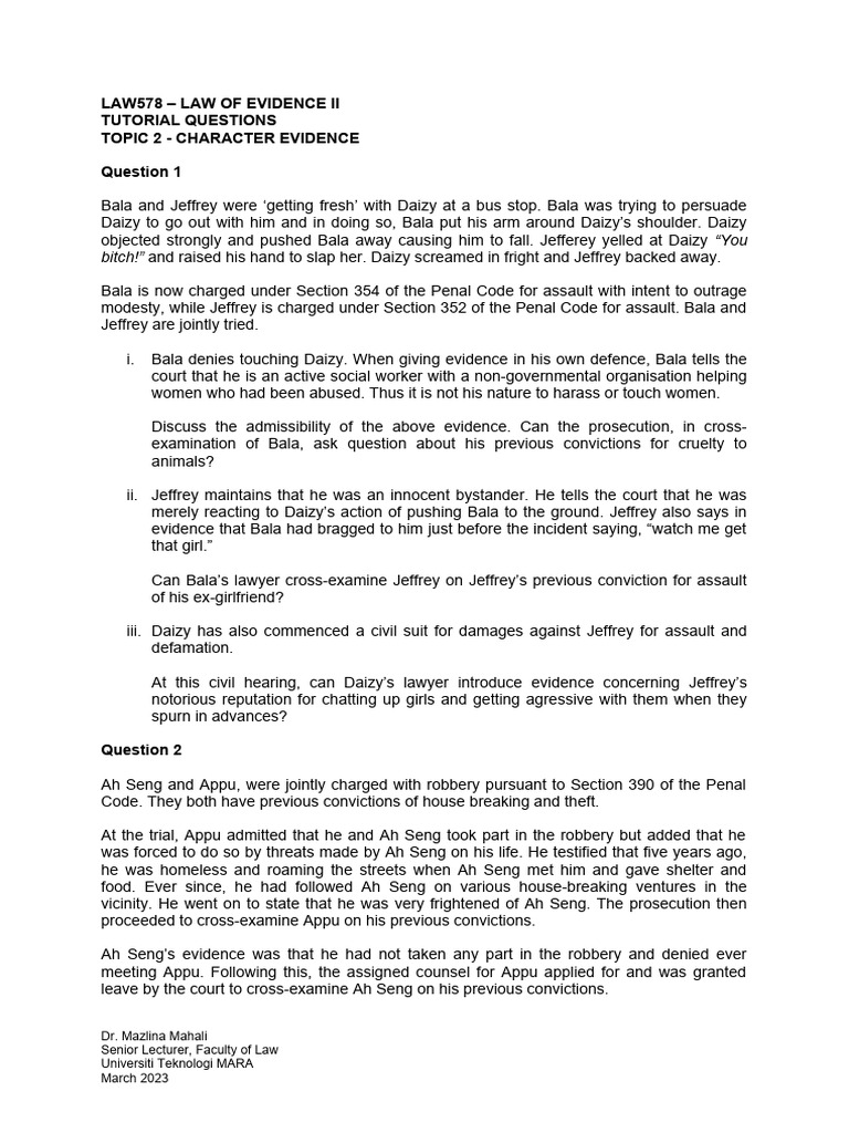 Tutorial Question - Character Evidence | PDF | Robbery | Prosecutor