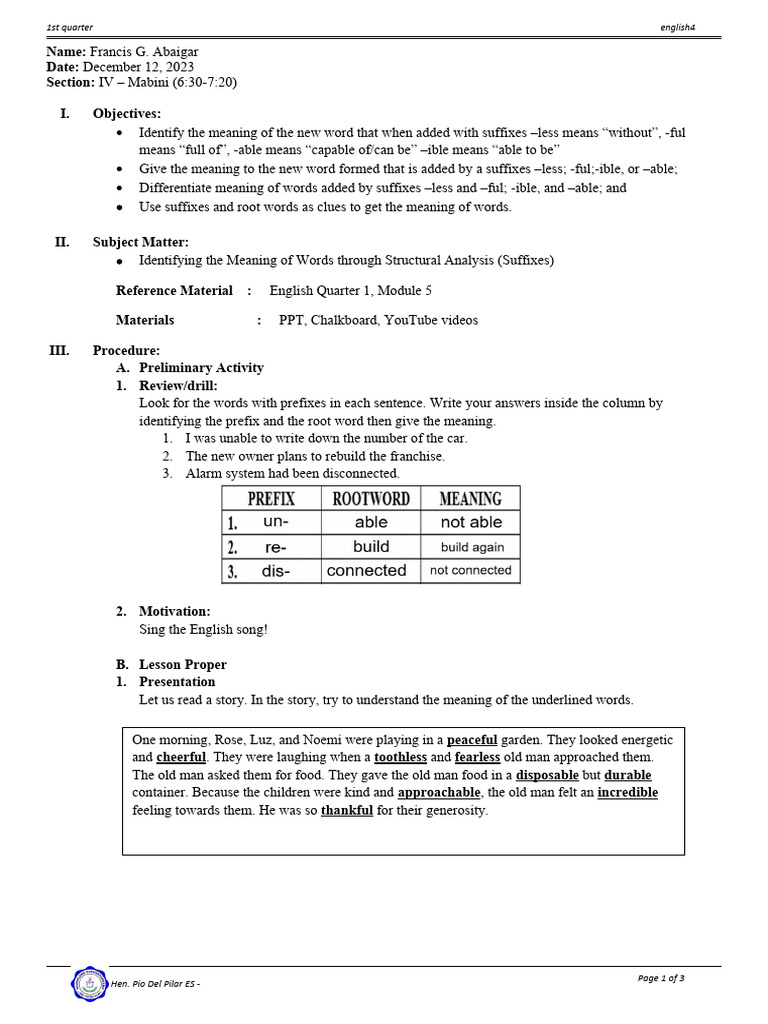 Eng4 Week7 d2 (Suffixes) | PDF | Linguistics
