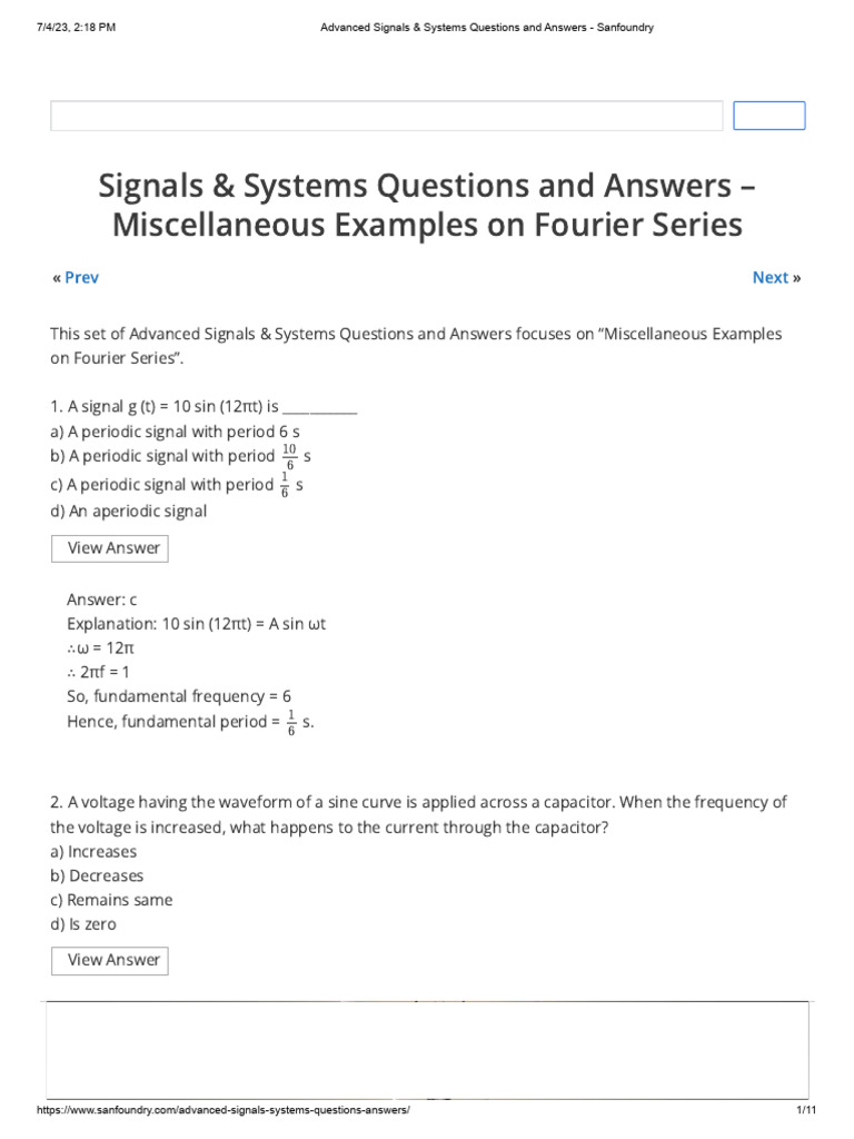 Advanced Signals And Systems Questions And Answers Sanfoundry Pdf Electromagnetism