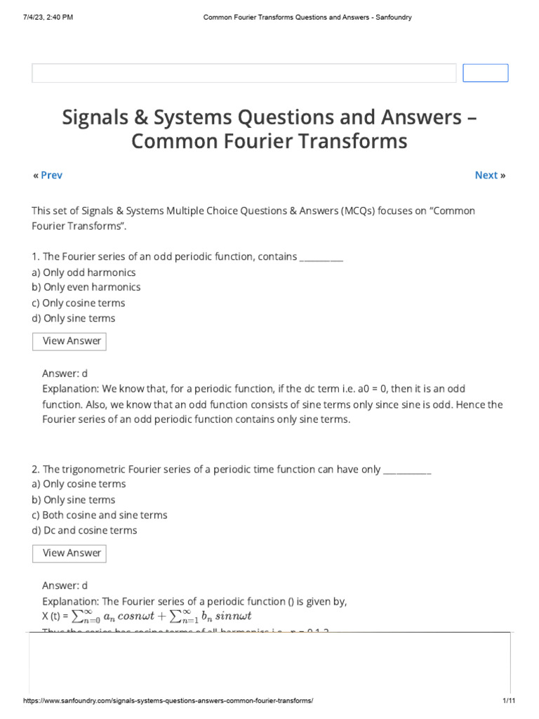 Common Fourier Transforms Questions and Answers - Sanfoundry | PDF ...