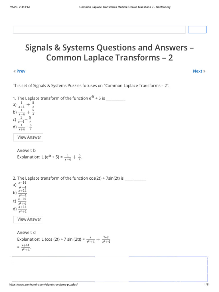 Common Laplace Transforms Multiple Choice Questions 2 - Sanfoundry | PDF